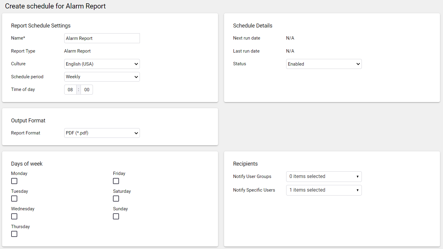 Report schedule settings
